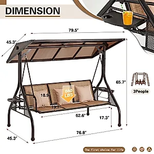 RYNSTO Outdoor Porch Swing with Adjustable Hardtop, Backrest, 3-Person Patio Canopy Swing Textilene Bed with Side Cup Holder, Pillow for Garden, Deck, Back Yard, Lawn (Brown)