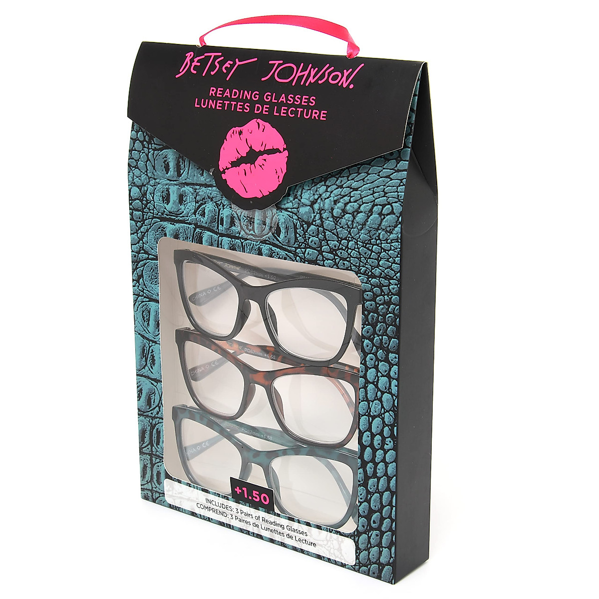 Betsey Johnson Women's Telcroc 3 Pack Reading Glasses Way, Black, Tortoise, Teal Tortise, 2X + 2