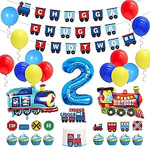 Chugga Chugga Two Two Party Decorations for 2 Years Old Boys, Railroad Train Crossing Theme Birthday Party Supplies - Chugga Chugga Two Two Banner, Cake Topper, Train Foil Balloons
