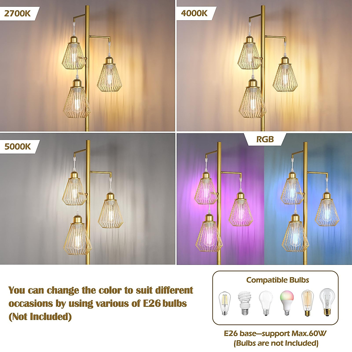 QiMH Industrial Floor Lamps for Living Room, Tree Standing Lamp with 3 Teardrop Cage Shades, 68" Modern Tall Lamps for Bedroom Office Home Light Decor, E26 Socket, Pedal Switch, Brass Gold