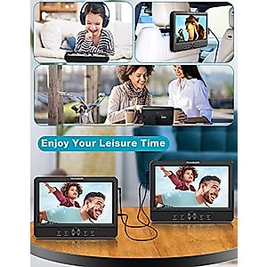 FANGOR 10.5'' Dual DVD Player for Car Portable Headrest Video Players with 2 Mounting Brackets, 5 Hours Rechargeable Battery, Last Memory, AV Out&in, Support USB/SD/Sync TV (1 Player + 1 Monitor)