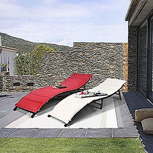 Tangkula 2 Pieces Patio Rattan Chaise Lounge, Outdoor Wicker Lounge Chair, Foldable Chaise Lounge, Suitable for Poolside, Garden, Balcony