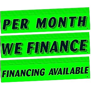 Versa Tags Windshield Slogan Stickers 12 Pack of PER Month Stickers 12 Pack of WE Finance Slogans 12 Pack of FINANCING Available Window Stickers (36) Dealership Stickers Black On Green