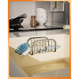 SWTYMIKI Sponge Holder for Kitchen Sink, Movable Sink Sponge Holder with Suction Cups Stainless Steel Sink Caddy Suction Cup for Sponge & Brush, Silver