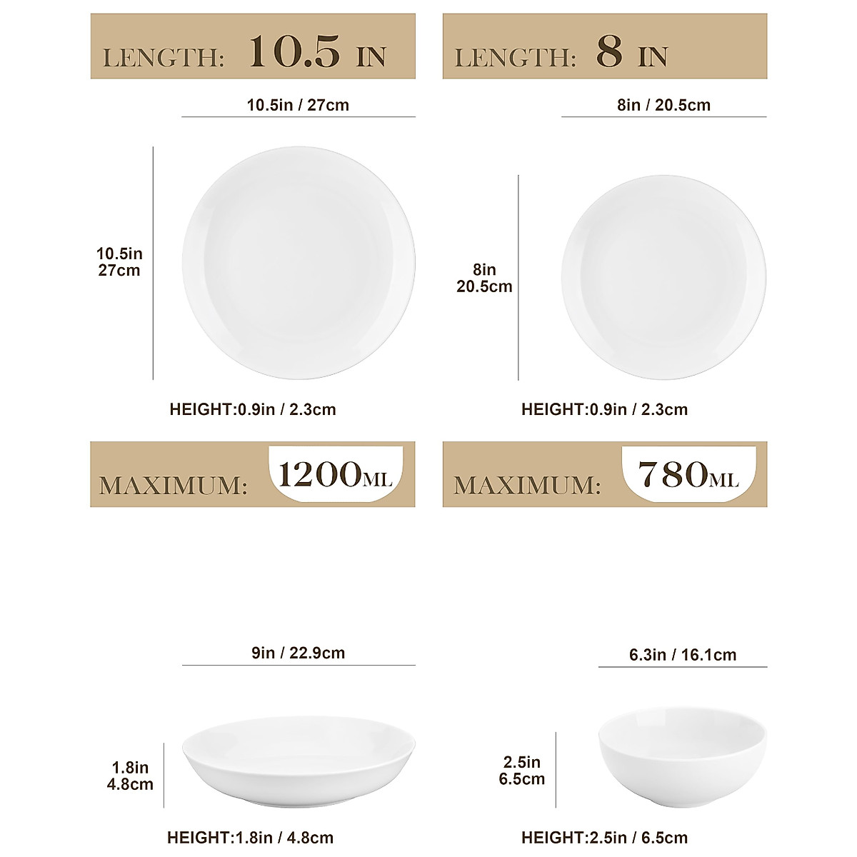 MALACASA 24-Piece Gourmet Porcelain Dinnerware Sets, Modern White Round Dish Set for 6 - Premium Serving Plates and Bowls Sets for Dessert, Salad, Soup, Pasta - Series AMELIA