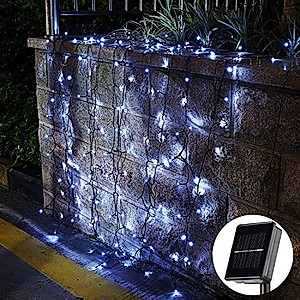 DBFairy Solar Curtain String Lights Outdoor, 13ft(L) x 3.3ft(H), 8 Mode, 200 LED,Solar Icicle Twinkle Lights for Home Garden Patio Camping Party Window Balcony Decoration - Waterproof,Dark Green-White
