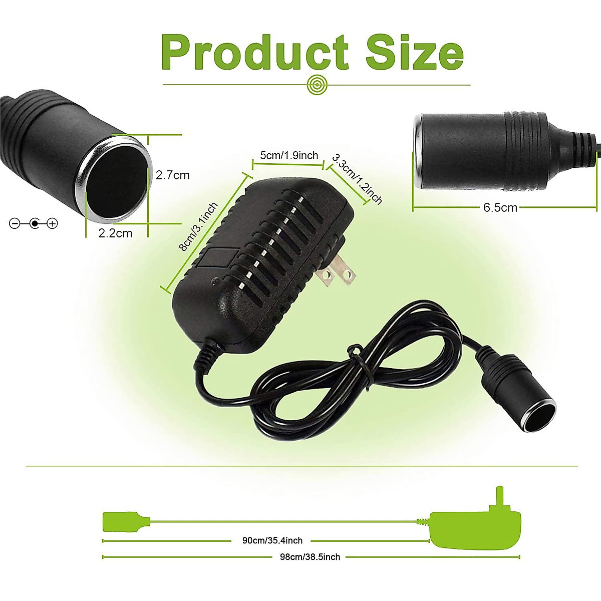 12V Power Supply AC to DC Converter Wall Plug to Car Cigarette Lighter Power Adapter, 110V-240V to 12V Current 2A Max Power 24W Max for Car Shaver Camera Speaker Echo at Home and Hotel, etc