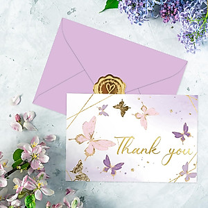 Whaline 30 Pack Butterfly Thank You Cards Gold Foil Purple Greeting Cards with Envelopes Stickers Lavender Blank Note Cards for Party Invitation Supplies, 4 x 6 Inch