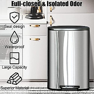 13 Gallon Steel Step Trash Can,Kitchen Trash Can with Lid & Inner Buckets , Stainless Steel Rectangular Garbage Bin , 50 L Pedal Soft Step Slow & Silent Open Close Dustbin for Kitchen, Office (Silver)