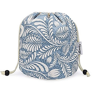 Barrel Drawstring Makeup Bag Travel Cosmetic Bag Large Toiletry Organizer Waterproof for Women (Large, Blue Leaf)