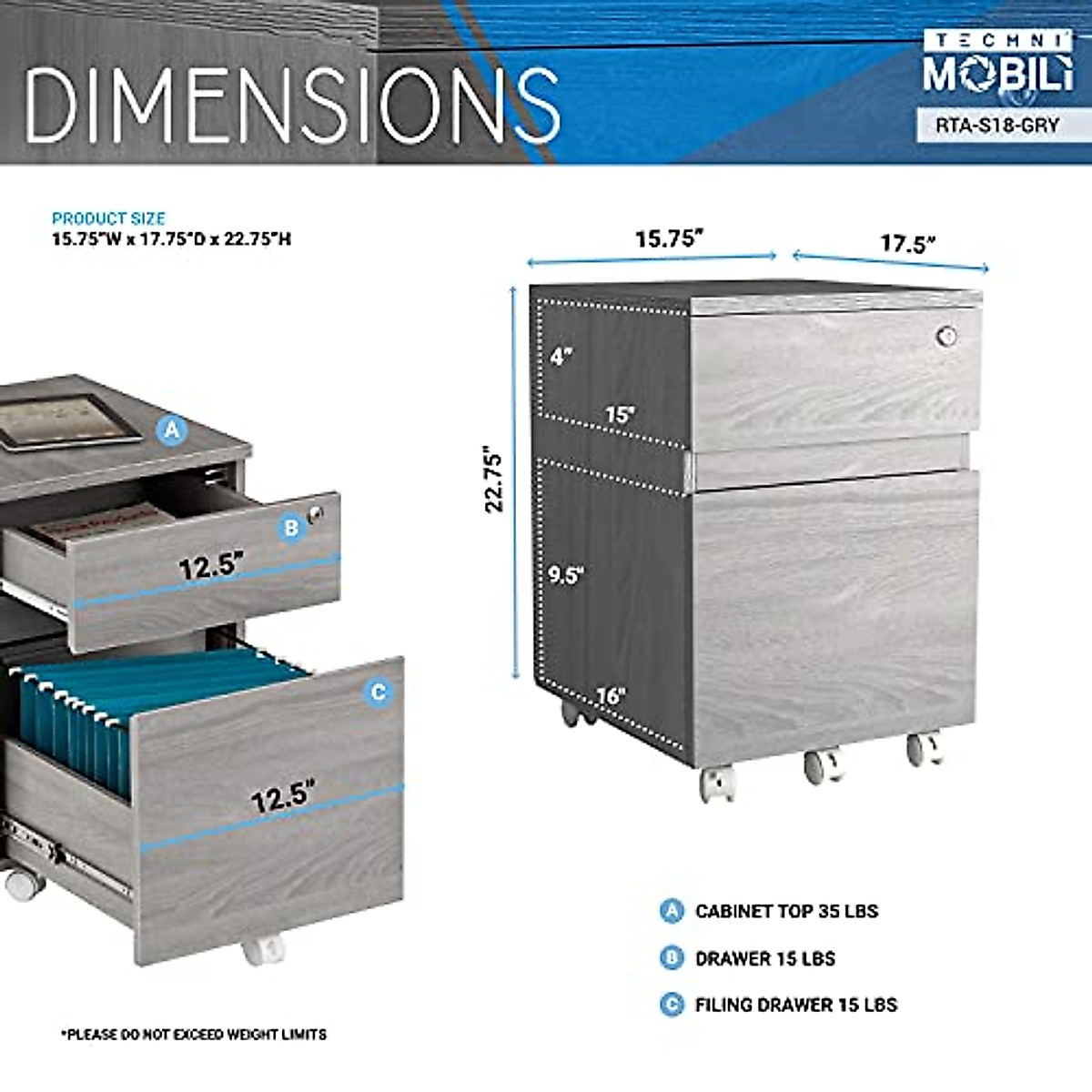 Techni Mobili Rolling Lock and Storage 2 Drawer Vertical Filing Cabinet, 15.75" L x 17.75" W x 23" H, Gray