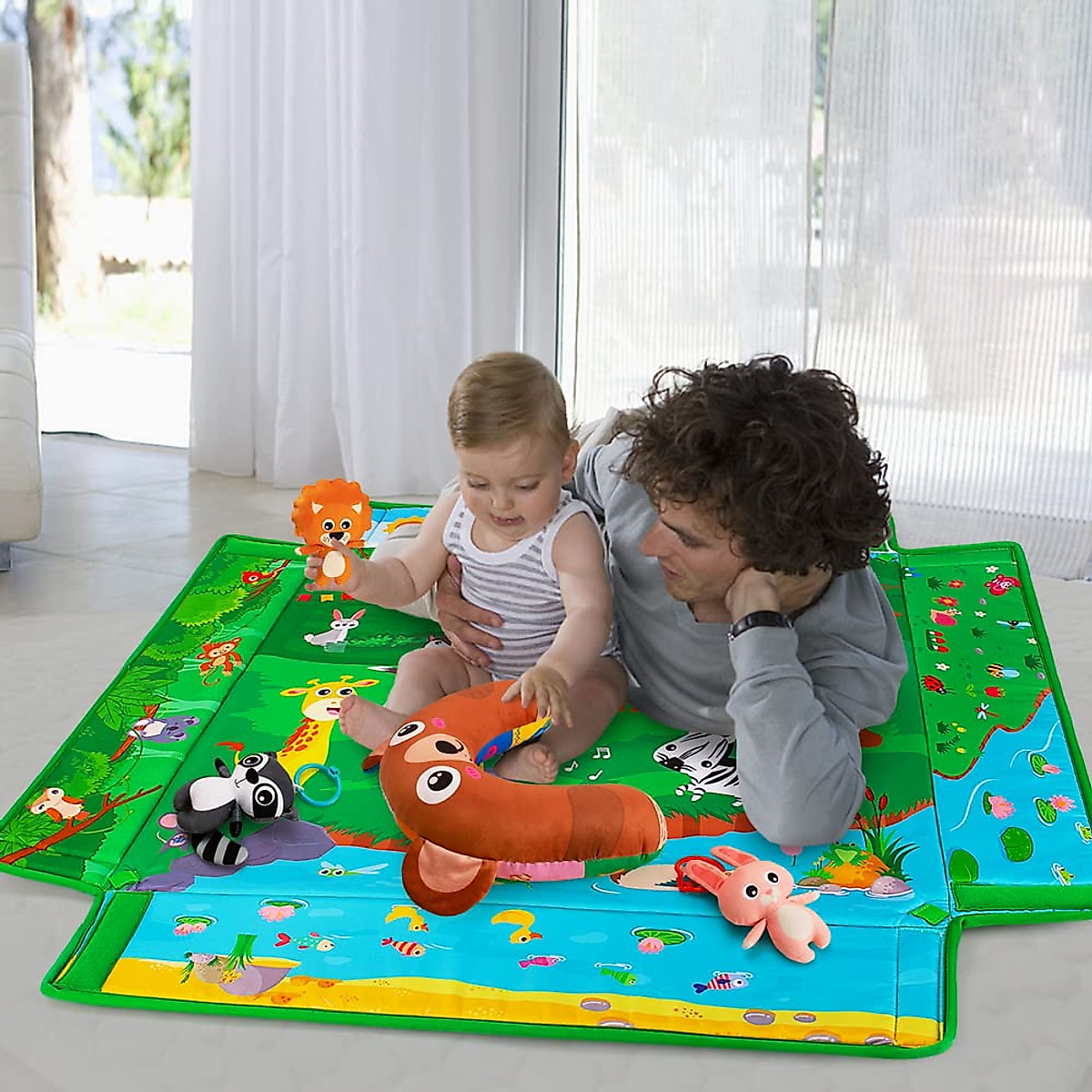 teytoy 6 in 1 Baby Play Mat Thicker Baby Play Gym High Stable Baby Activity Mat Baby Toys 6 to 12 Months with Musical Plush Newborn Toys, Baby Mirror, Tummy Time Pillow for Sensory Skills Development