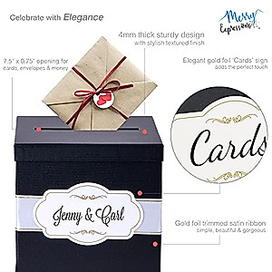 Black Gift Card Box - White & Gold Satin Ribbon & Cards Label 10"x10" Large - Memory Box for Funerals or Graduations, Box for Wedding Receptions Birthdays or Baby Showers