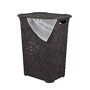 Laundry Hamper With Lid Lace Design 50 Liter - Brown Laundry Hamper Basket With Cutout Handles, Rectangular Shape Modern Style Bin - Dirty Cloths Storage. By Superio