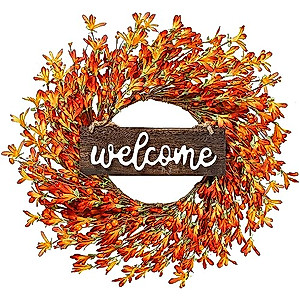 Sggvecsy Artificial Fall Wreath 20’’ Autumn Front Door Wreath Harvest Wreath with Forsythia Flowers Orange Berries Welcome Sign for Outside Indoor Wall Window Festival Thanksgiving Fall Autumn Decor