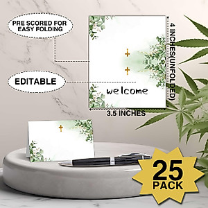 Eucalyptus Baptism Place Cards, Table Place Card for First Holy Communion Religious Party/Christening Naming Ceremony, Gold Foil Tent Name Place Cards for Table Setting, 25 Pack(A03)