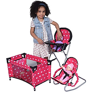 The New York Doll Collection Dolls Mega Play Set with Dolls High Chair, 3-1 Doll Bouncer and Pack N Play Pink for 18-inch Dolls