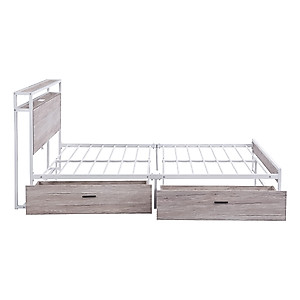 Metal Bed Frame Queen with Two Drawers Queen Size Storage Bed with Sockets, USB Ports and Slat Support for Living Room Bedroom,No Box Spring Needed/Easy Assembly (White)