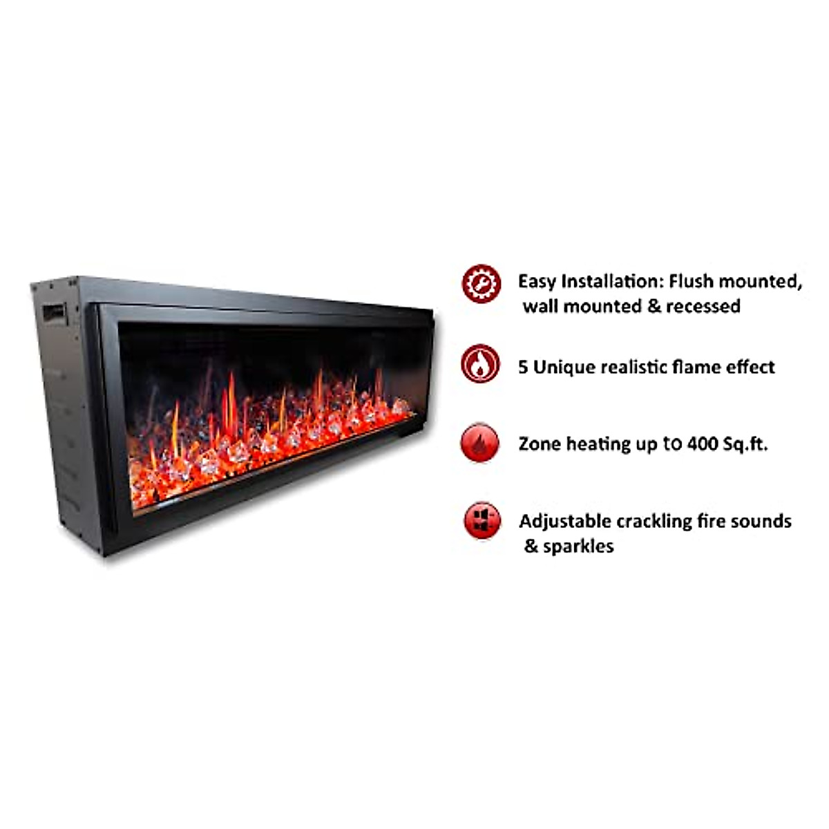 Litedeer Homes Latitude 45" Smart Electric Fireplace with App, Crackling Fire Sounds, Reflective Amber Glass, Black - ZEF45XA