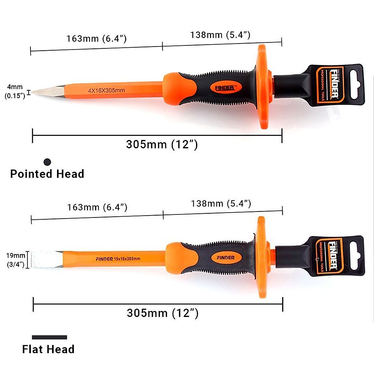 Finder 2 pcs 12-Inch Heavy Duty Chisels Set With Hand Protection, Flat Head and Pointed/Spear Head, Demolishing/Masonry/Carving/Concrete Breaker Chisels set with Bi-Material Hand Guard …