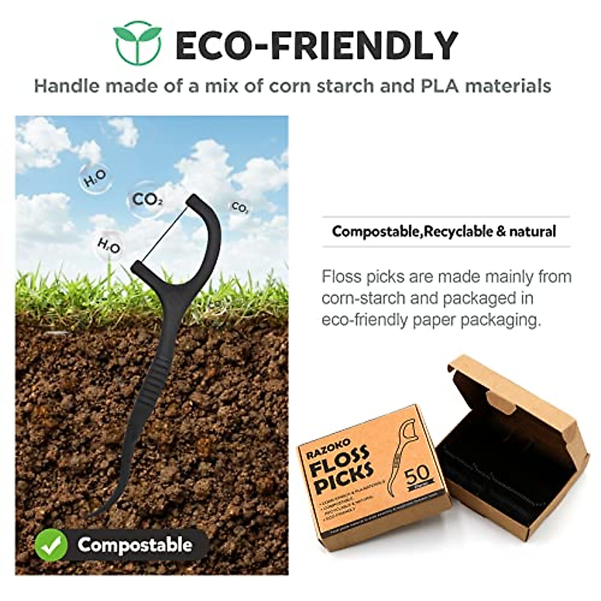 Natural Dental Floss Picks High Toughness Charcoal Toothpicks Sticks-Vegan,Eco-Friendly Sustainable Flossers for Teeth Cleaning (200 Count)