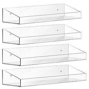 AMADA HOMEFURNISHING Acrylic Shelves, Floating Shelves with Mounting Hardware & Raised Edges, Clear Shelves for Pops, Kids' Books, Makeup, Collection Display & Organization, Set of 4, AMFS28