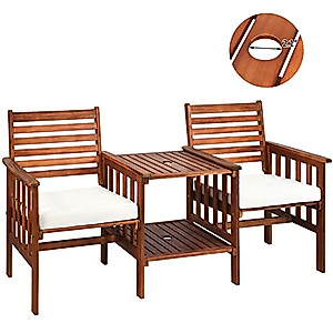 HAPPYGRILL Acacia Wood Loveseat with Table Patio Bistro Set Wooden Table Chairs Set with Cushions, Outdoor Furniture Set with 2.1-inch Umbrella Hole for Garden Balcony
