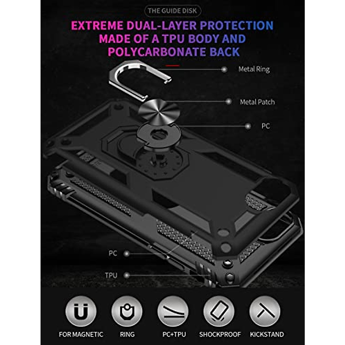 UniSpg iPhone SE Case 2022/2020, iPhone 8 Case, iPhone 7 Case [Military Grade Drop Texted] Protective Shockproof Phone Case with Magnetic Ring Kickstand for iPhone SE 3rd&2nd 8 7 SE 2022 2020 - Black