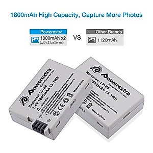 Powerextra LP E8 2 Pack 7.4V 1800mAh Li-ion Replacement Compatible with Canon LP-E8 Battery for Canon Rebel T3i, T2i, T4i, T5i, 600D, 550D, 650D, 700D, Kiss X5, X4, Kiss X6, LC-E8E