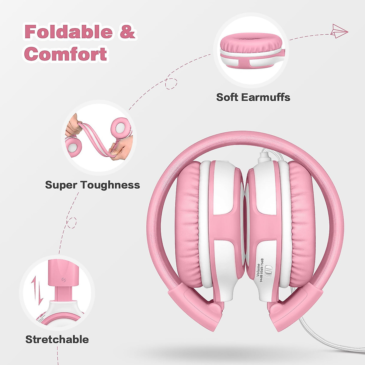 SIMOLIO Wired Headphones for Kids with Mic & Share Port, 75dB/85dB/94dB Volume Limit Children Headphone with Portable Bag for School/Travel, Sturdy Headband, Stereo Sound, Tangle-Free Cord (SM-903P)