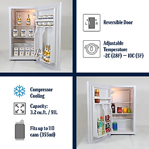 Modelo 3.2 cu ft (90L) refrigerator Compact Fridge with Bottle Opener White Space Saving Flat Back Design Reversible Door Adjustable Temperature Control Tempered Glass Shelves Office home bar Room RV