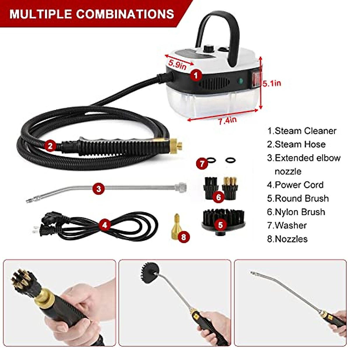 Pressure Steam Cleaner, 2500W Handheld High Temp Portable Steamer Cleaning Machine with 3 Brush Heads, for Home Use Grout Tile Car Detailing Kitchen Bathroom