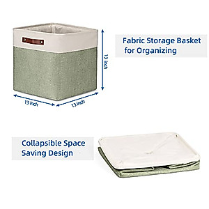 Temary Baskets 4 Pcs Cube Storage Bins for Shelves Bundled with 2 Fabric Storage Basket for Organizing Nursery, Home (White&Green, 13Lx13Wx13H inches, 16Lx12Wx12H Inches)