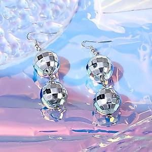 Disco Ball Earrings 60's 70's Silver Mirror Disco Ball Sunflower Pendant Ball Earrings Masquerade Costume Halloween Accessories- 2 silver