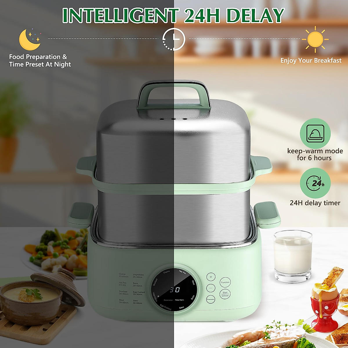 spoonlemon Electric Food Steamer, 9.3L 2-Tier Digital Steamers for Cooking with 24H Booking & 6H Auto Warming, 8 Modes Fast Heating Vegetable Steamers Stainless Steel with Boil Dry Protection, Green