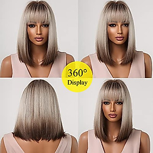 Allbell Brown Blonde Ombre Bob Wigs for Women Cosplay Wig with Bangs Dark Roots Gray Natural Hair Synthetic Wig