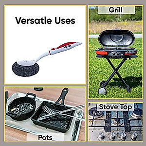 Superio Grill Brush with Long Handle, Red- Stainless Steel Scourer Sponge- Steel Wool Scrubber for Barbecue, Frying Pan, Pot