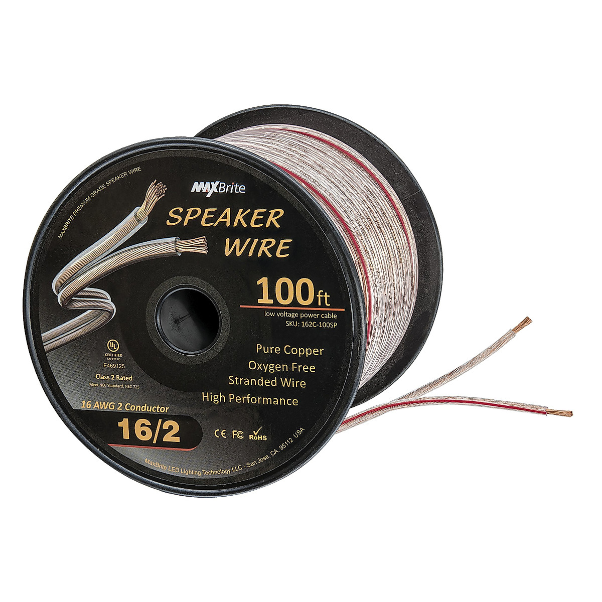 High Performance 16 Gauge Speaker Wire, Oxygen Free Pure Copper - UL Listed Class 2 (50 Feet Spool)