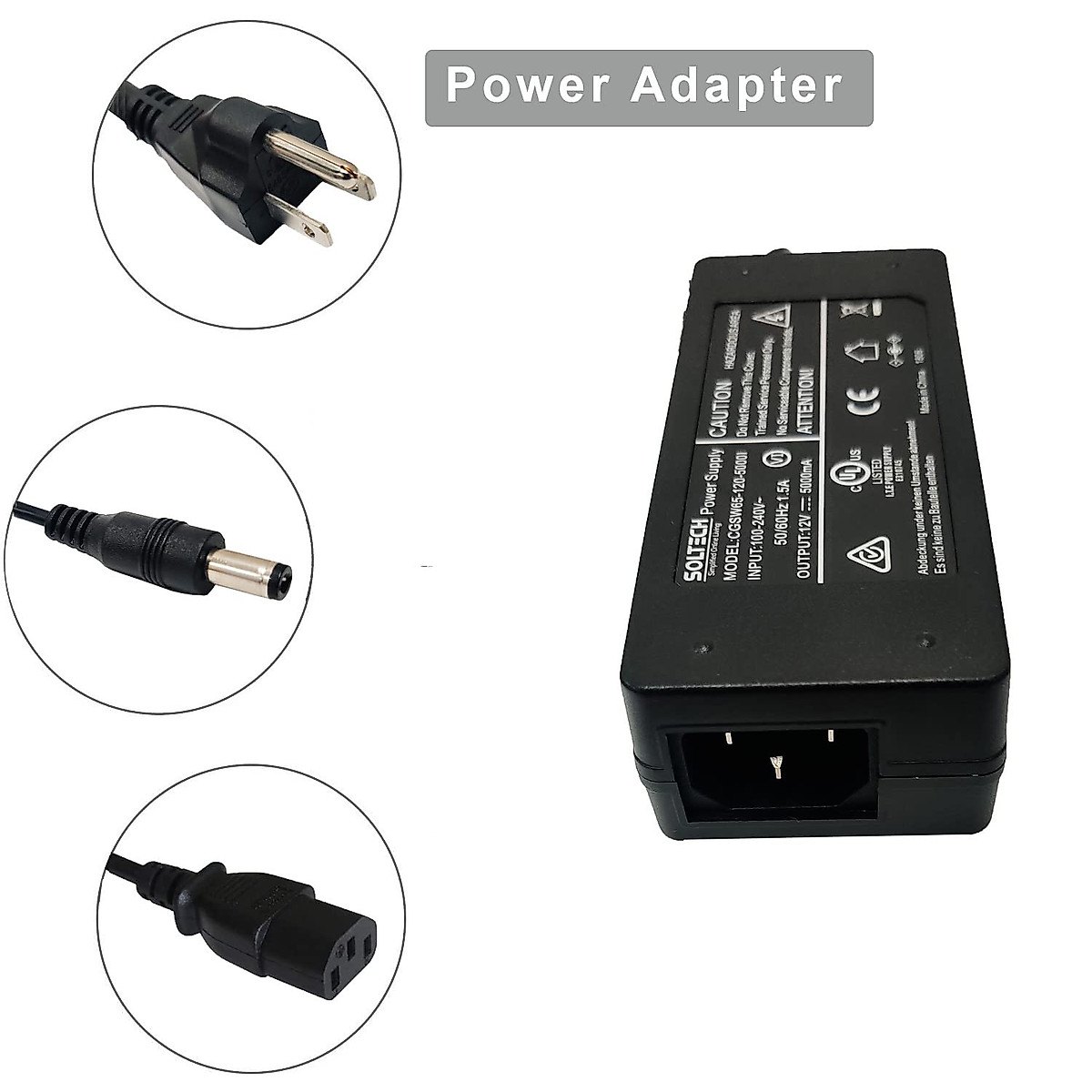 [UL Listed] SOLTECH 12V 5A 60W CCTV Security Camera Power Supply AC DC Adapter with 8-Way Power Splitter Compatible with Samsung Wisenet Lorex, Night Owl, Defender Q-See Swann