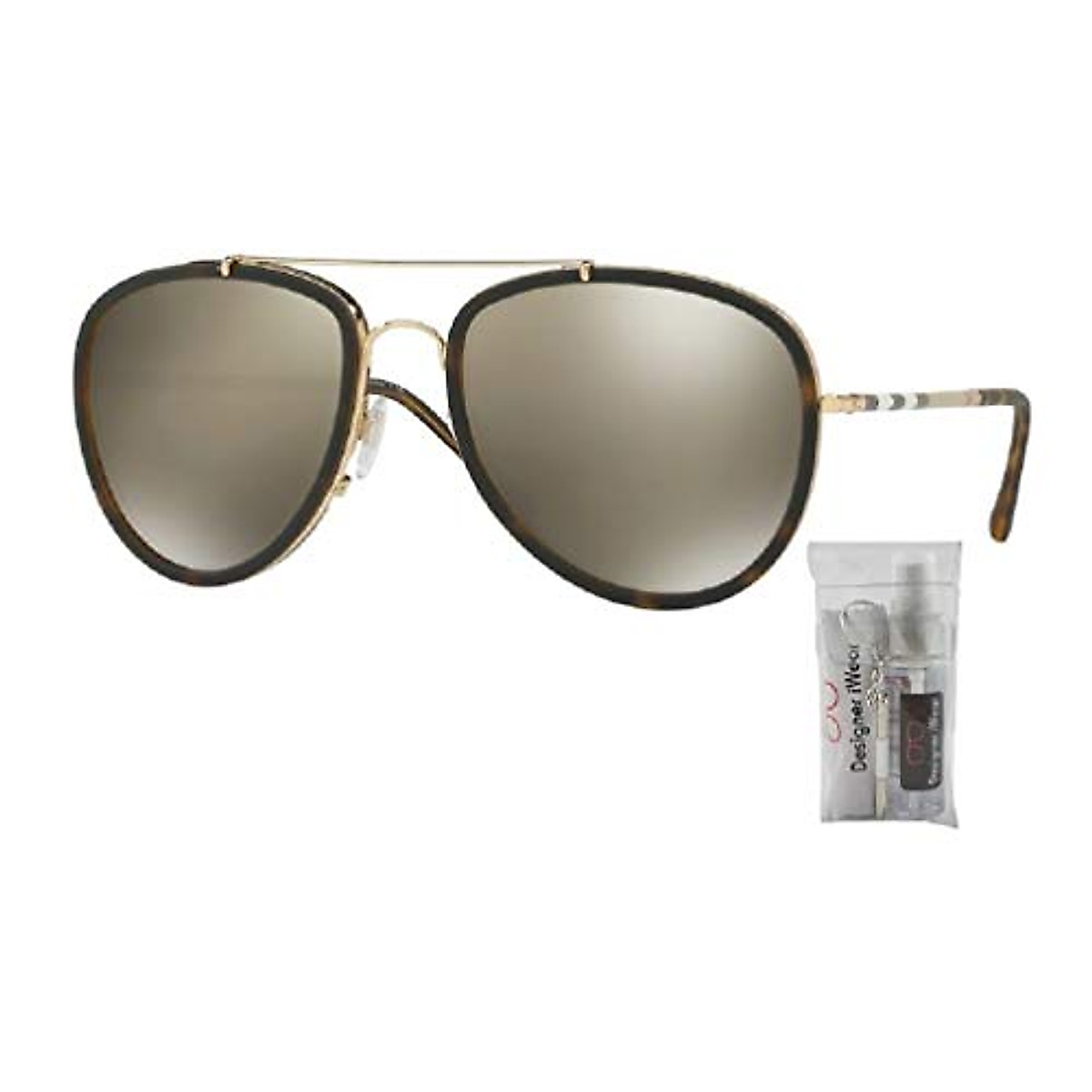 BURBERRY BE3090Q 10525A 58M Brushed Gold/Matte Dark Havana/Light Brown Mirror Dark Gold Pilot Sunglasses For Men+ BUNDLE with Designer iWear Complimentary Care Kit