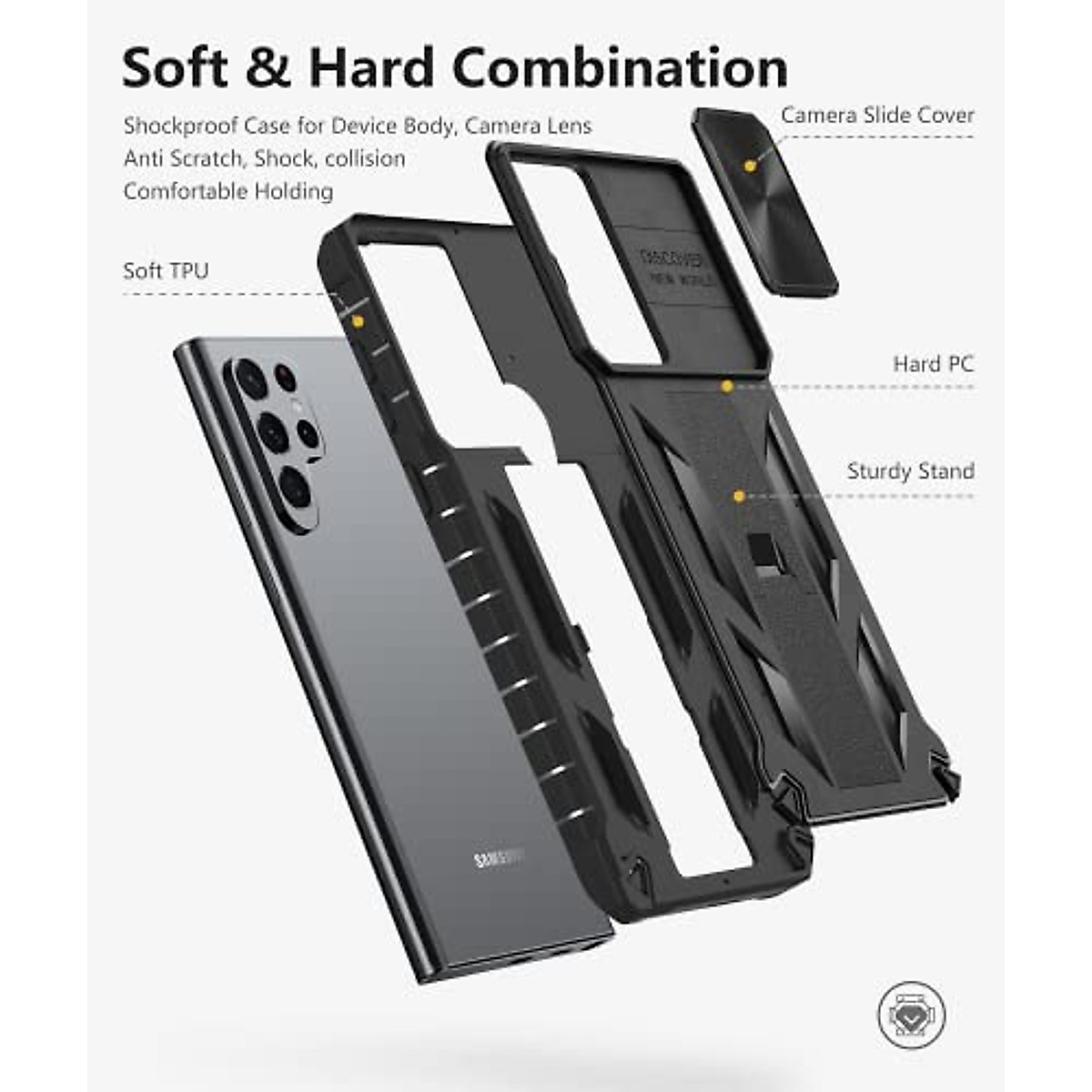 Case for Samsung Galaxy S22 Ultra 5G: Military Grade Drop Proof Rugged Protective Phone Cover with Built-in Kickstand & Slide |Shockproof Bumper Protection Textured Matte 6.8 Inch-Black