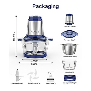 KOIOS 500W Powerful Electric Food Processor with 8 Cup Stainless Steel & Glass Bowls, 2 Speed Mode Electric Food Chopper with 2 Sets Blades Electric Meat Grinder Chopper for Family & Baby Use