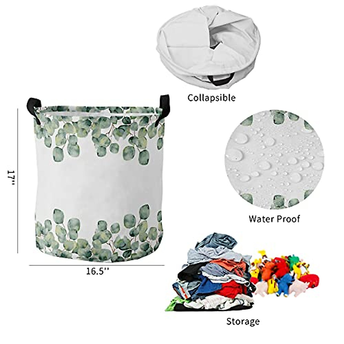 Tropical plants Large Laundry Hamper Collapsible with Handles, Waterproof Dirty Clothes Hamper Baby Nursery for Kids Room Dorm Storage, Watercolor Eucalyptus Leaves