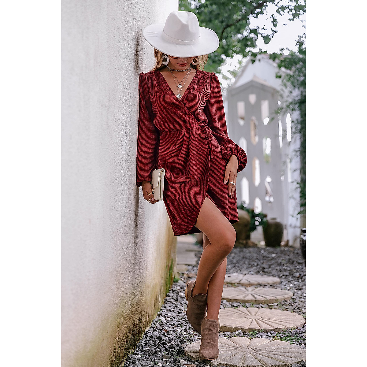 BerryGo Women's 2023 Elegant Velvet Wrap Long Balloon Sleeve Party Dresses Deep V Neck Cocktail Mini Fall Dress Wine Red,XL