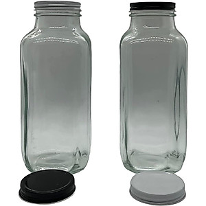 Milk Bottle with Steel Metal Leakproof Lids 32oz Square Glass Beautiful Vintage French Square Drink or Food Container Water Bottle By Yes I Can (White and Silver)