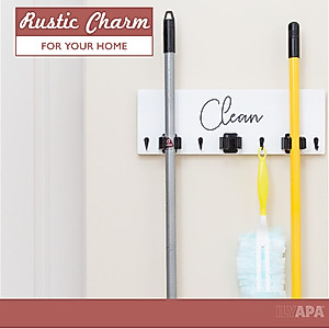 Ilyapa Broom Organizer Wall Mount, Broom and Mop Organizer Wall Hanging, White Wooden Broom Hanger Wall Mount, Kitchen Laundry Room Broom Storage Rack Holder, Farmhouse Broom Organizer with Hooks