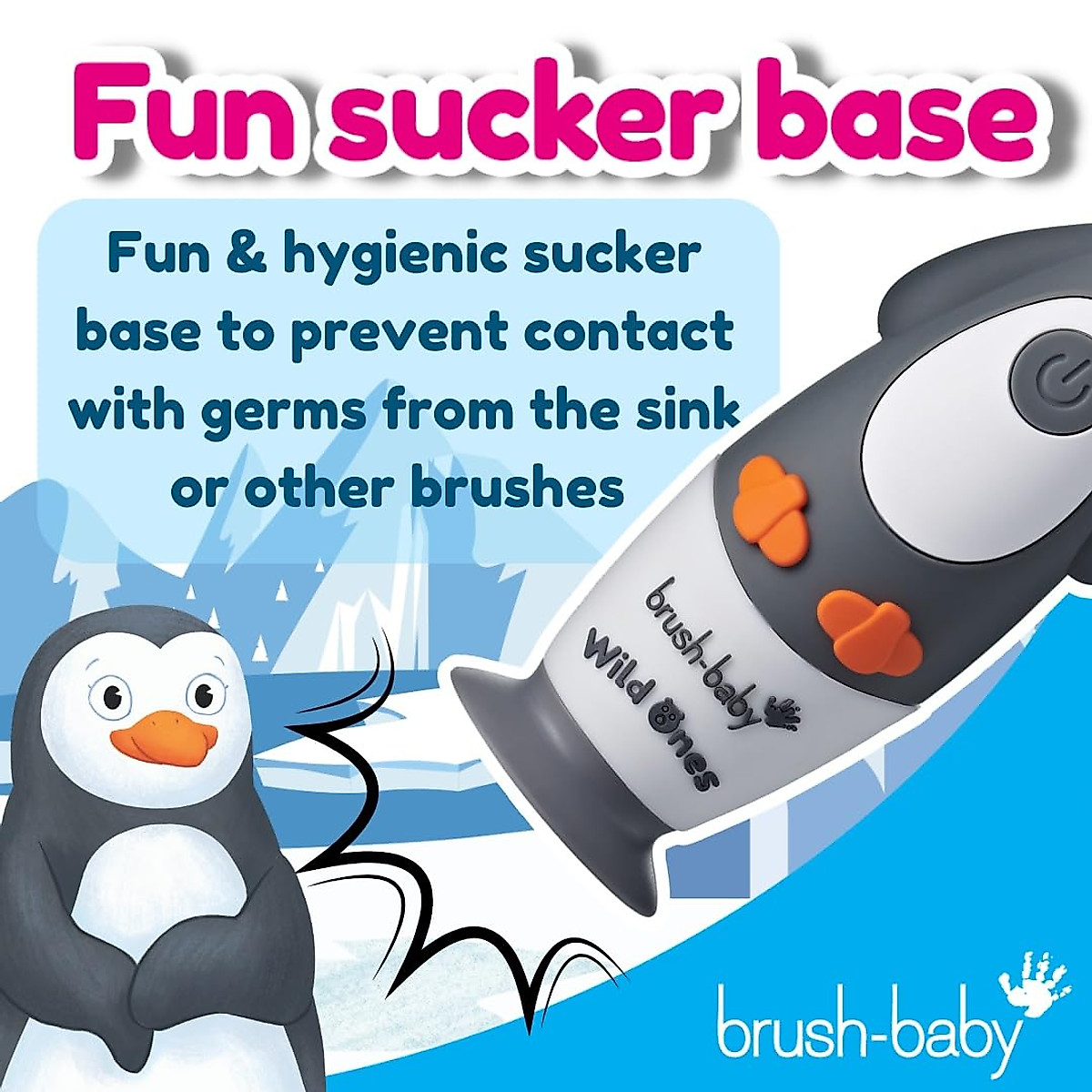 brush-baby WildOnes Kids Electric Rechargeable Toothbrush Penguin, 1 Handle, 3 Brush Heads, USB Charging Cable, for Ages 0-10 (Penguin)
