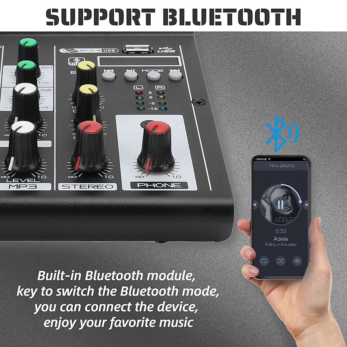 Portable Audio Mixer, Portable 4 Channel BT Mixing Console Digital Audio Mixer Builtin Effect for Home Karaoke, Webcast, Music Recording(US plug)