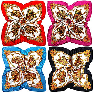 Honoson 4 Pieces 35 Inch Satin Head Scarves Large Square Silky Feeling Headband Satin Boho Hair Bandanas for Women Girls (Stylish Series)