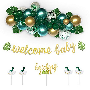 Homond Dinosaur Baby Shower Decorations for Boy, Dinosaur Balloons Garland Kit for Baby Shower, Dinosaur Party Supplies, Welcome Baby Banner, Hatching Soon Cake Topper